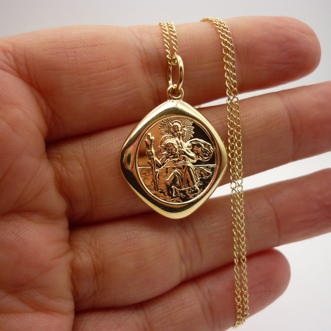 9ct Gold Saint Christopher Pendant Necklace - Double Sided Medal, 16 ...