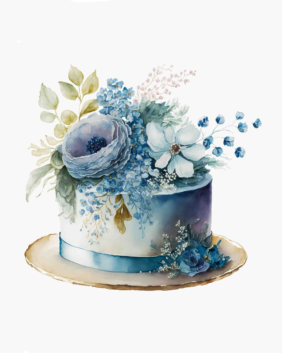 Watercolor Floral Blue Cake Digital Art Print / Instant Download ...