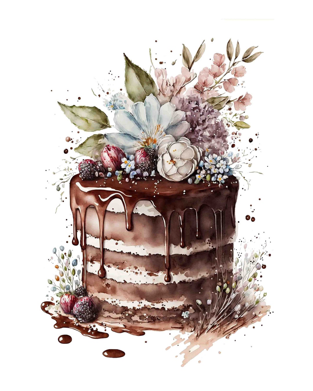 Watercolor Dark Chocolate Cake Digital Art Print / Instant Download ...