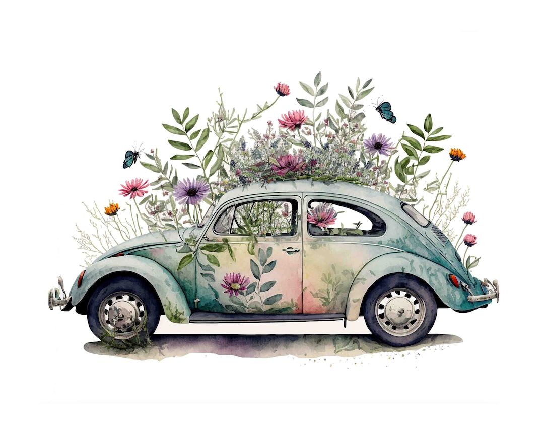 Watercolor Floral Car, Digital Art Print / Instant Download Printable ...