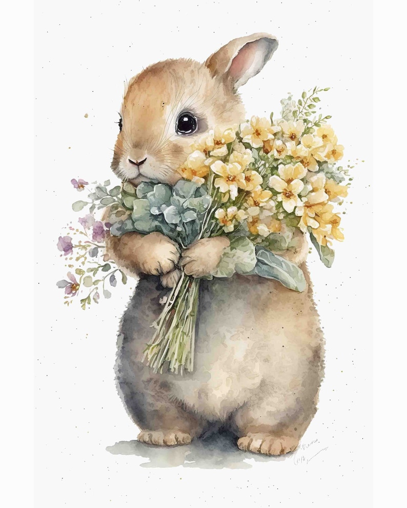 Watercolor Bunny With Flowers Art, Wall Art, Digital Art Print ...