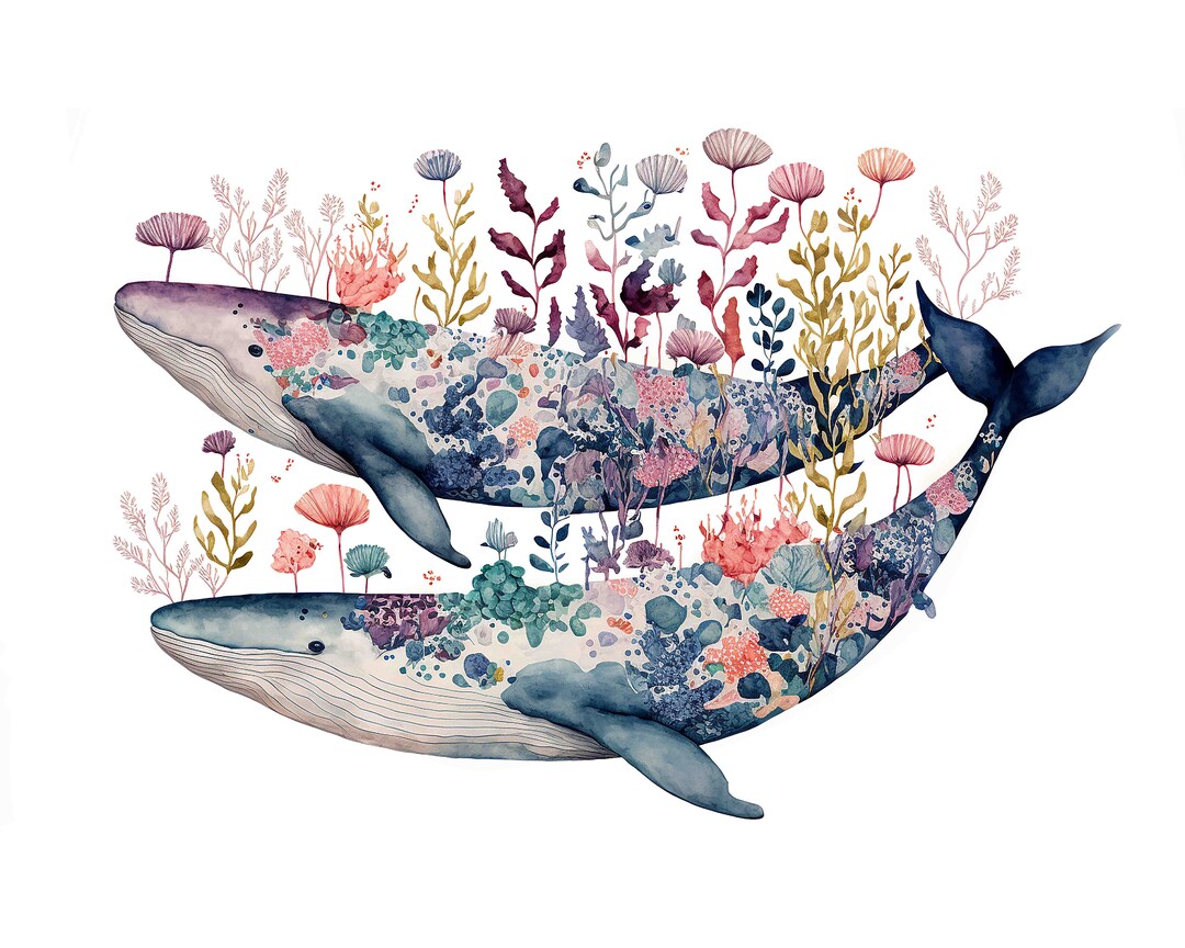 Watercolor Floral Whales Digital Art Print / Instant Download Printable ...