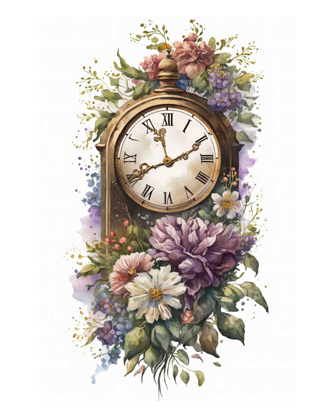 Watercolor Floral Clock Digital Art Print / Instant Download Printable ...