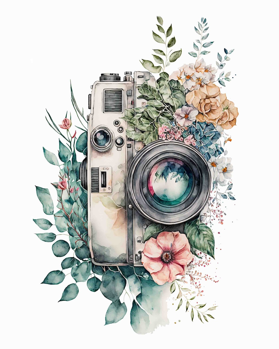 Watercolor Floral Camera Digital Art Print / Instant Download Printable ...