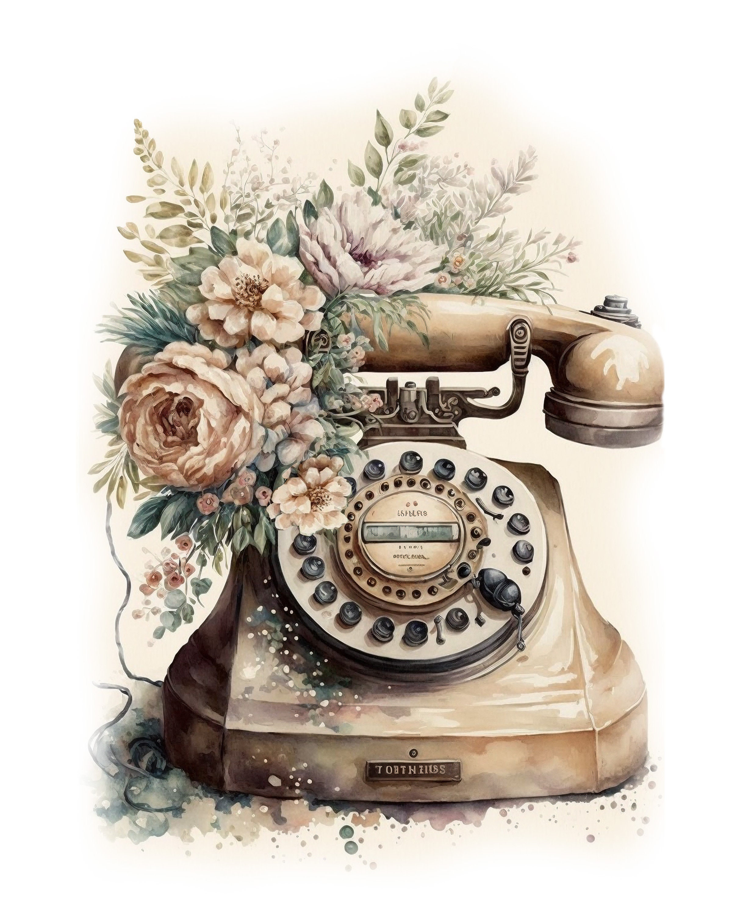 Watercolor Floral Vintage Telephone Digital Art Print / Instant ...