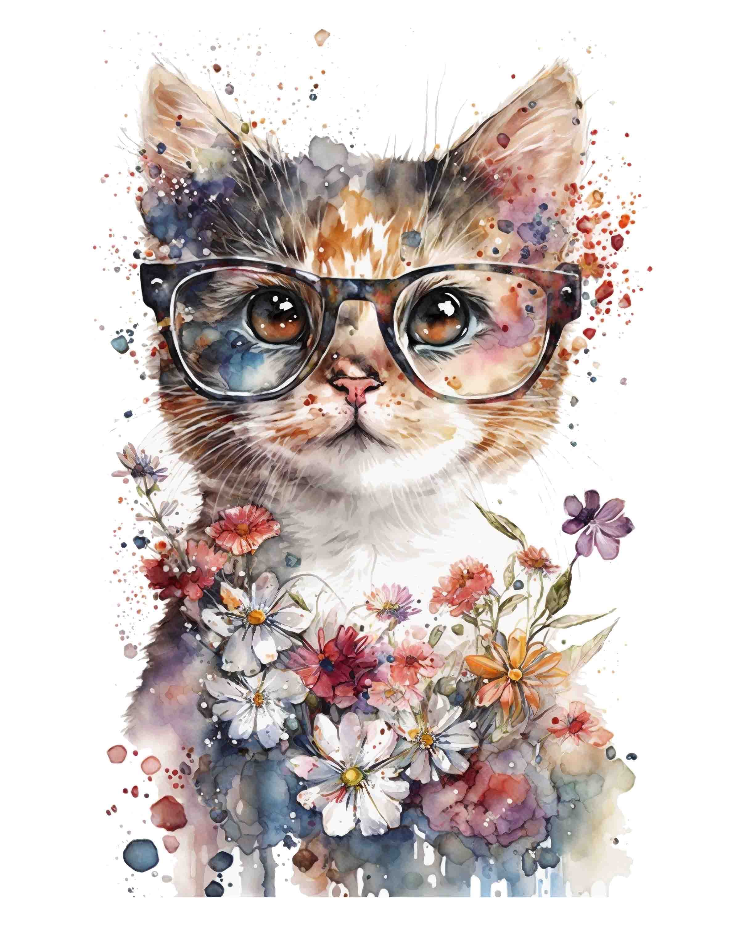 Watercolor Cat With Glasses Wall Art, Digital Art Print / Instant ...