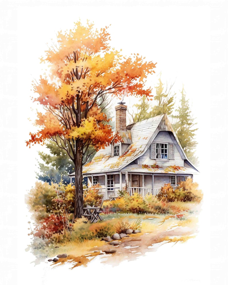 Watercolor Autumn Farm House Vignette Fall Nature Digital Art - Etsy