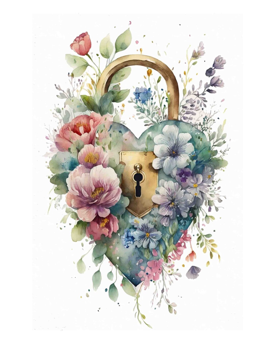 Watercolor Floral Heart Lock Digital Art Print / Instant Download ...