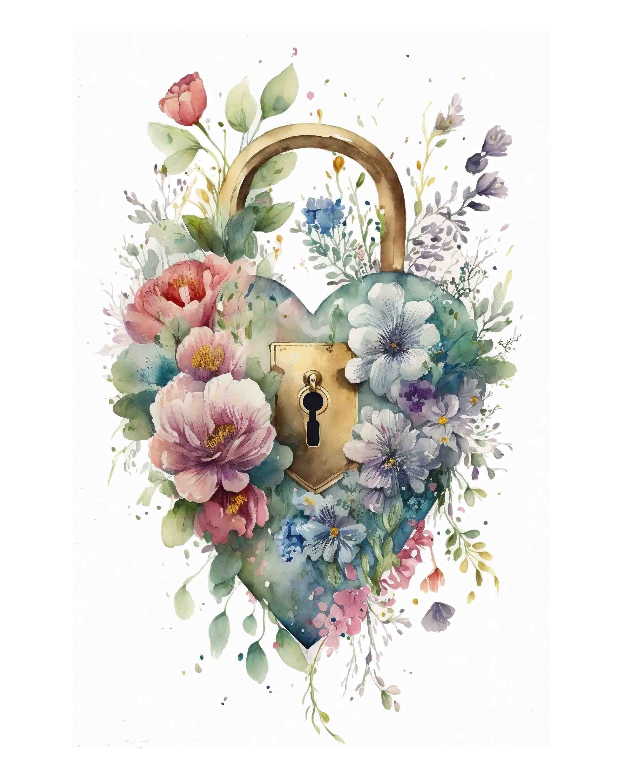 Watercolor Floral Heart Lock Digital Art Print / Instant - Etsy