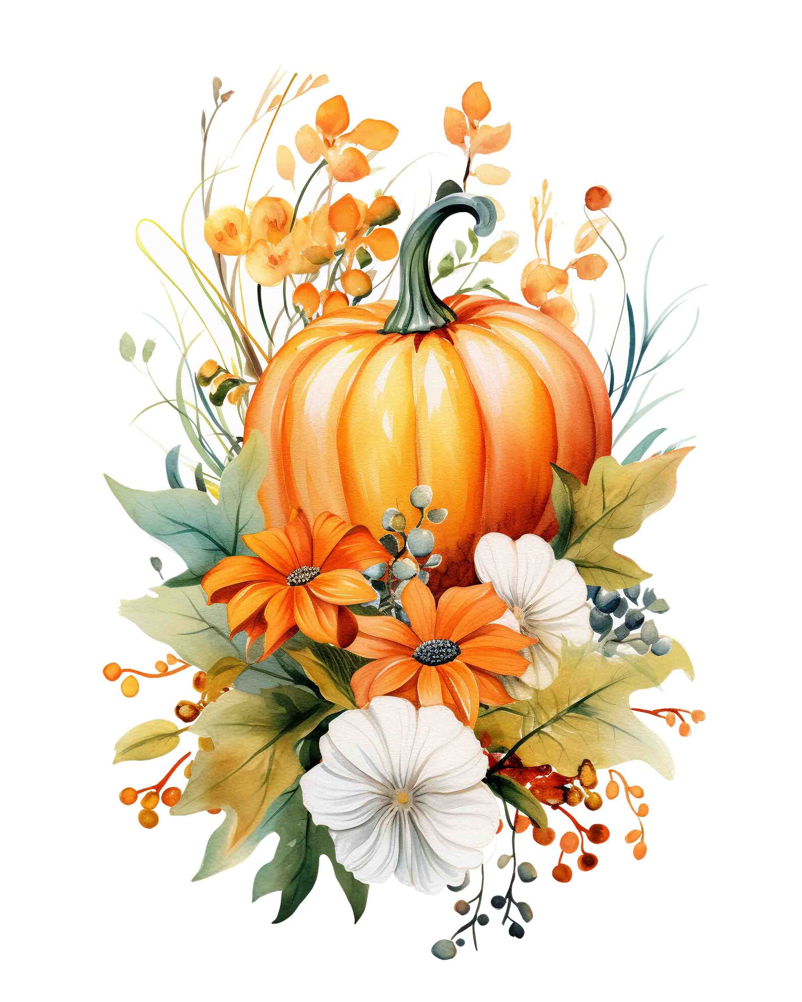 Watercolor Fall Pumpkin Arrangement, Autumn Digital Art Print / Instant ...
