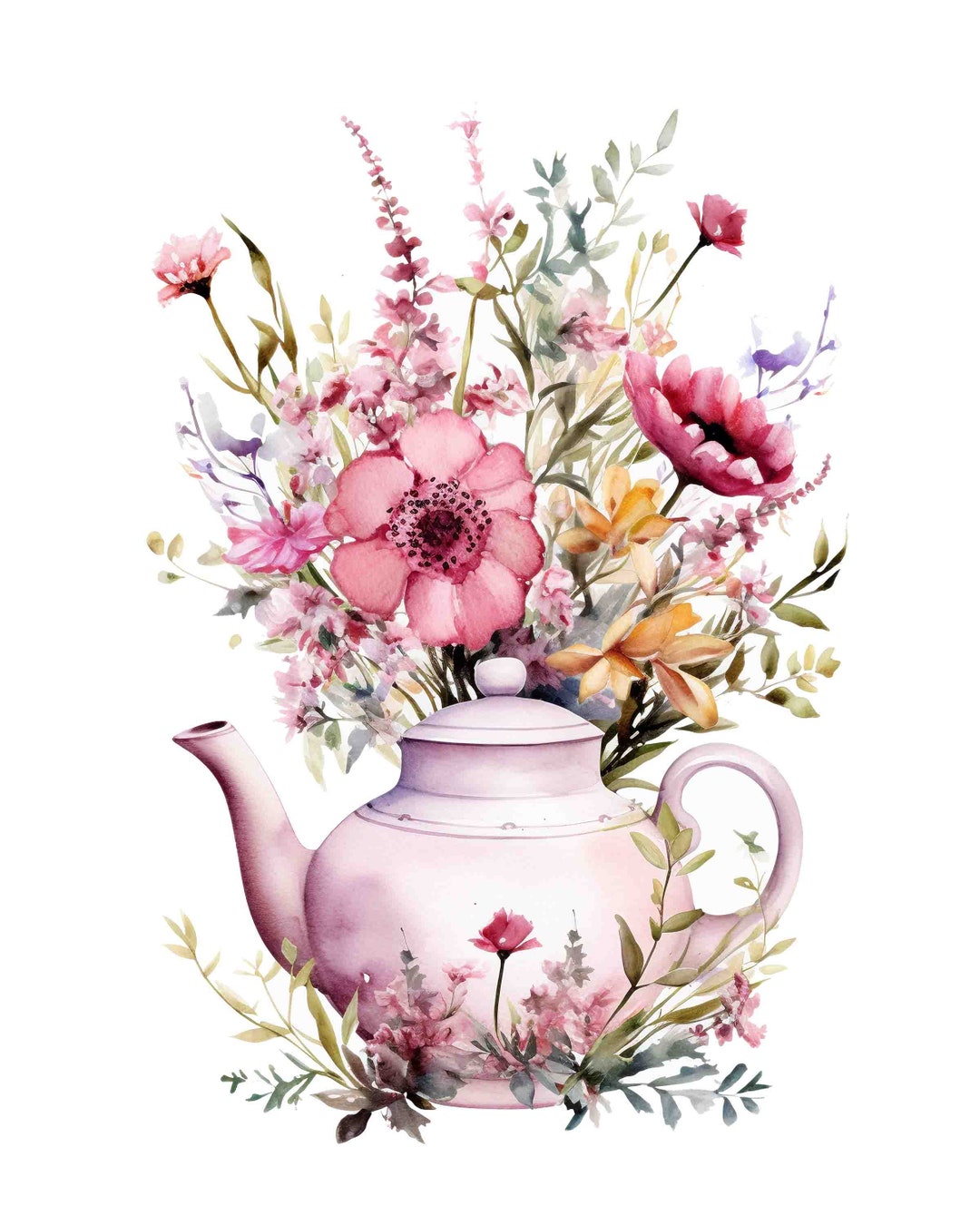 Watercolor Floral Pink Teapot Digital Art Print / Instant Download ...