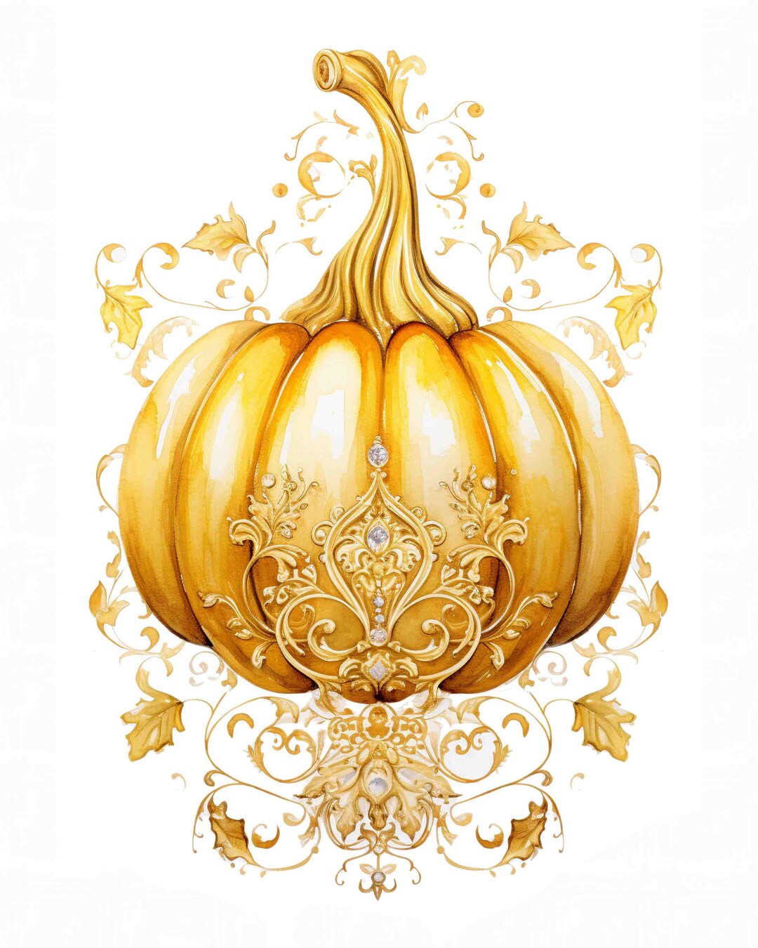 Watercolor Fall Gold Filigree Pumpkin Arrangement, Autumn Digital Art ...