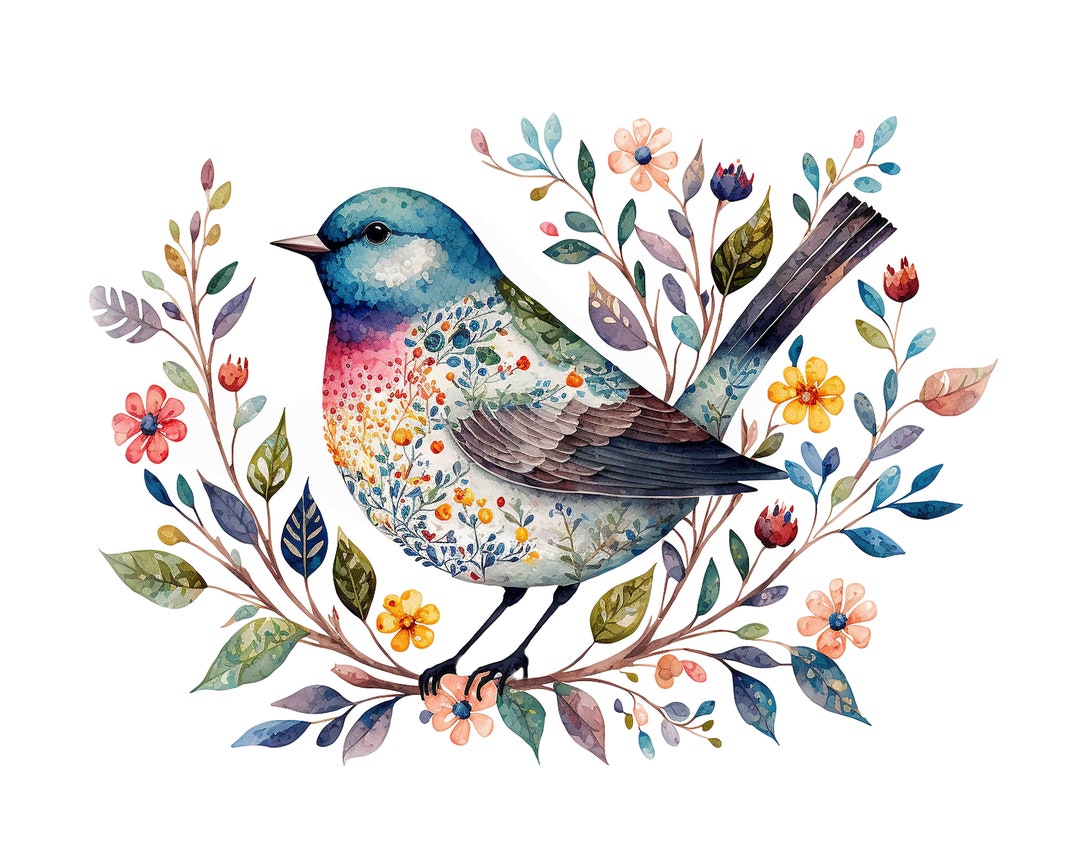 Watercolor Folk Art Floral Bird, Digital Art Print / Instant Download ...