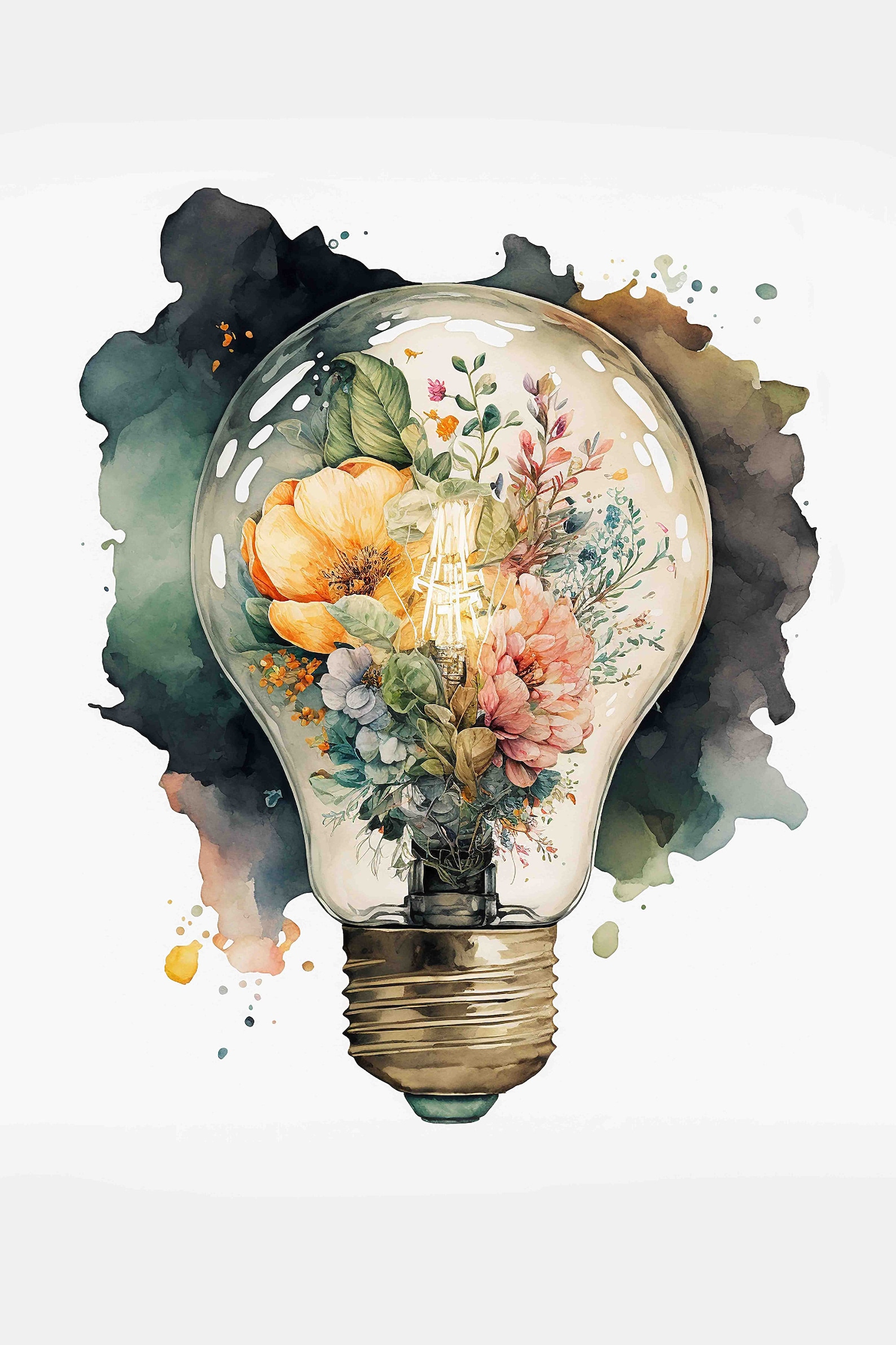 Watercolor Floral Lightbulb Digital Art Print / Instant - Etsy