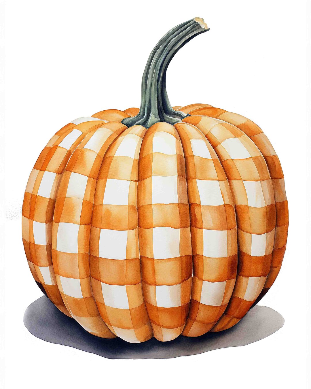 Watercolor Fall Orange Gingham Pumpkin, Autumn Digital Art Print ...