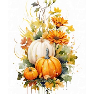 Watercolor Fall Pumpkin Arrangement, Autumn Digital Art Print / Instant ...