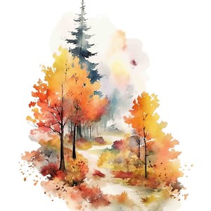 Watercolor Autumn Forest Vignette, Fall Nature Digital Art Print ...