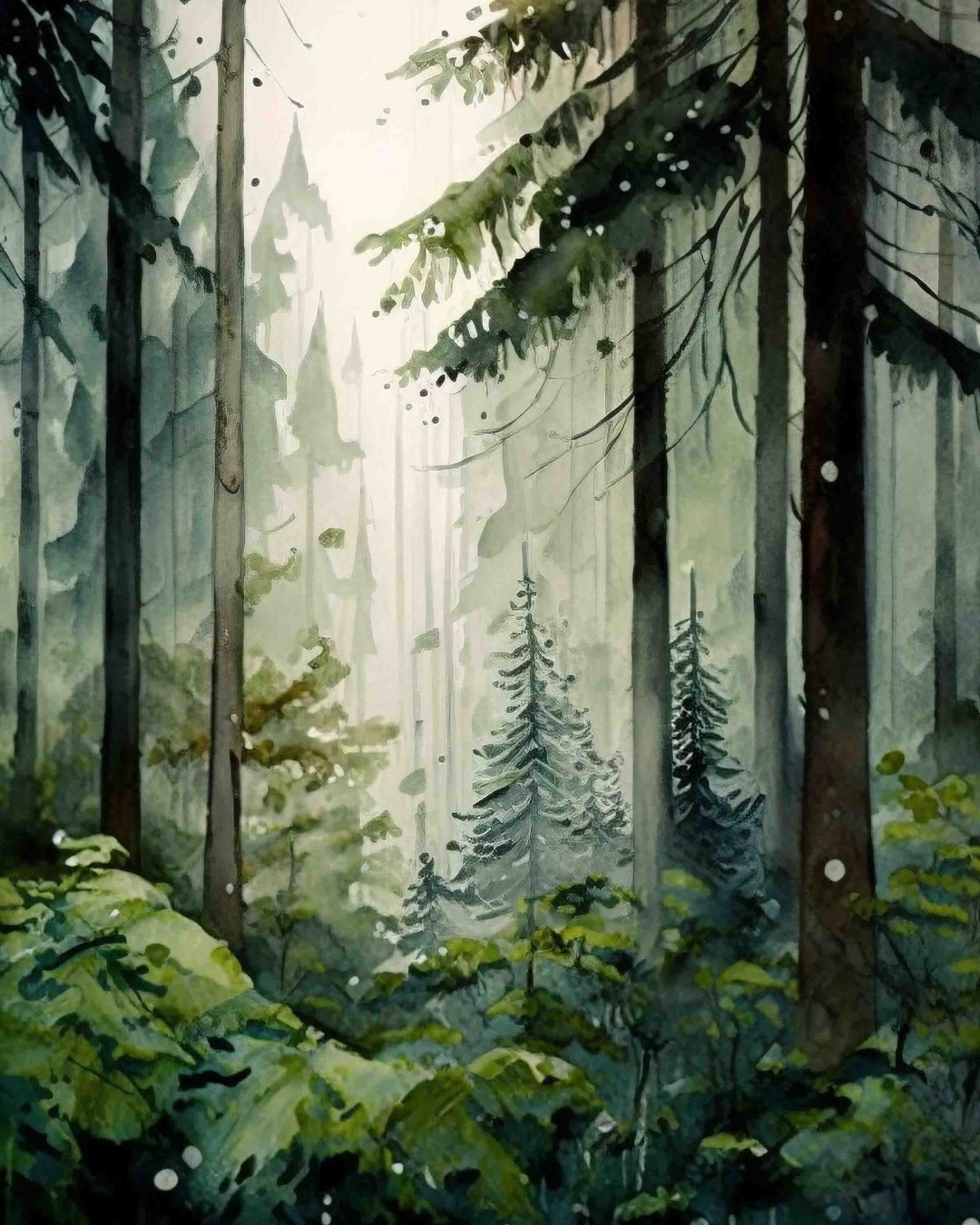 Watercolor Evergreen Forest Vignette, Fall Nature Digital Art Print ...