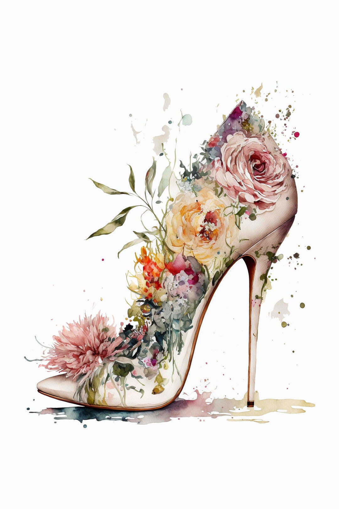 Watercolor Floral Stiletto High Heel Shoe Digital Art Print / Instant ...