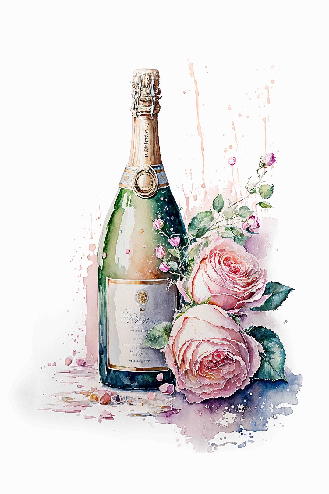 Watercolor Champagne and Roses Digital Art Print / Instant Download ...