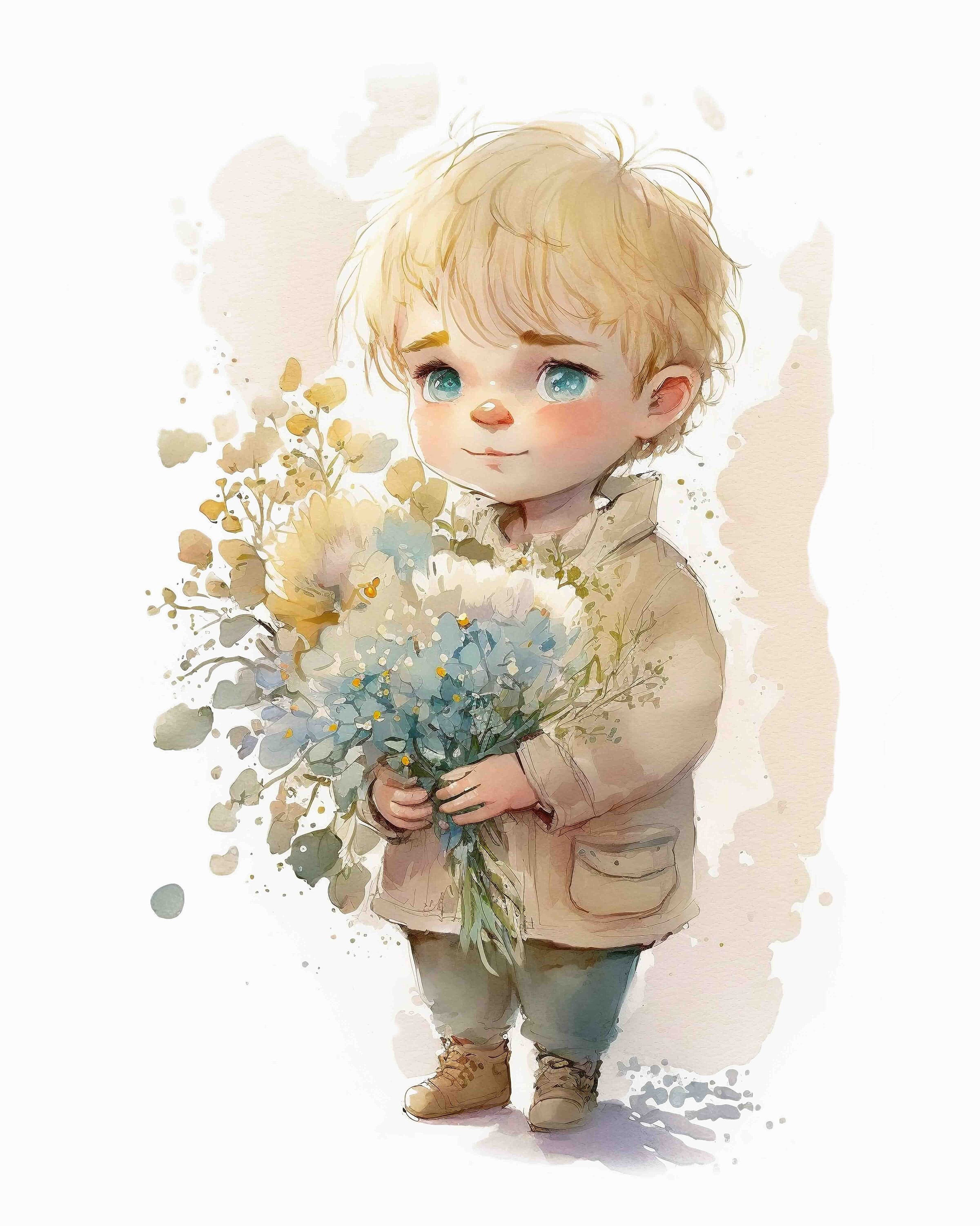 Watercolor Little Blonde Boy Holding Flowers Digital Art Print ...