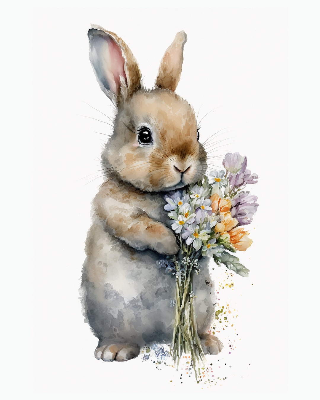 Watercolor Bunny With Flowers Art, Wall Art, Digital Art Print ...