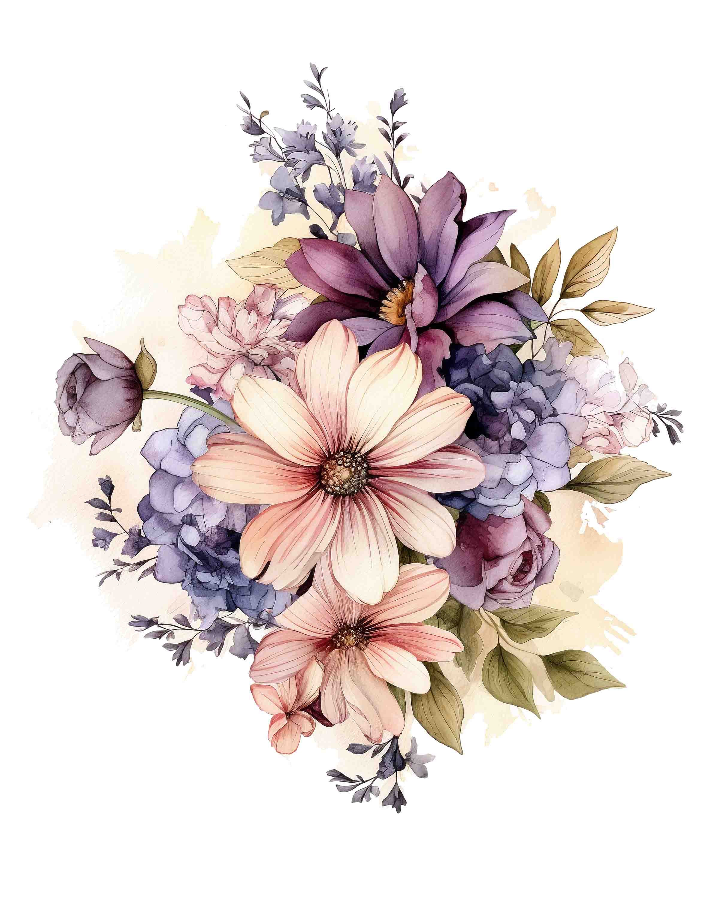 Watercolor Bouquet of Pink & Purple Flowers, Spring Flower Digital Art ...