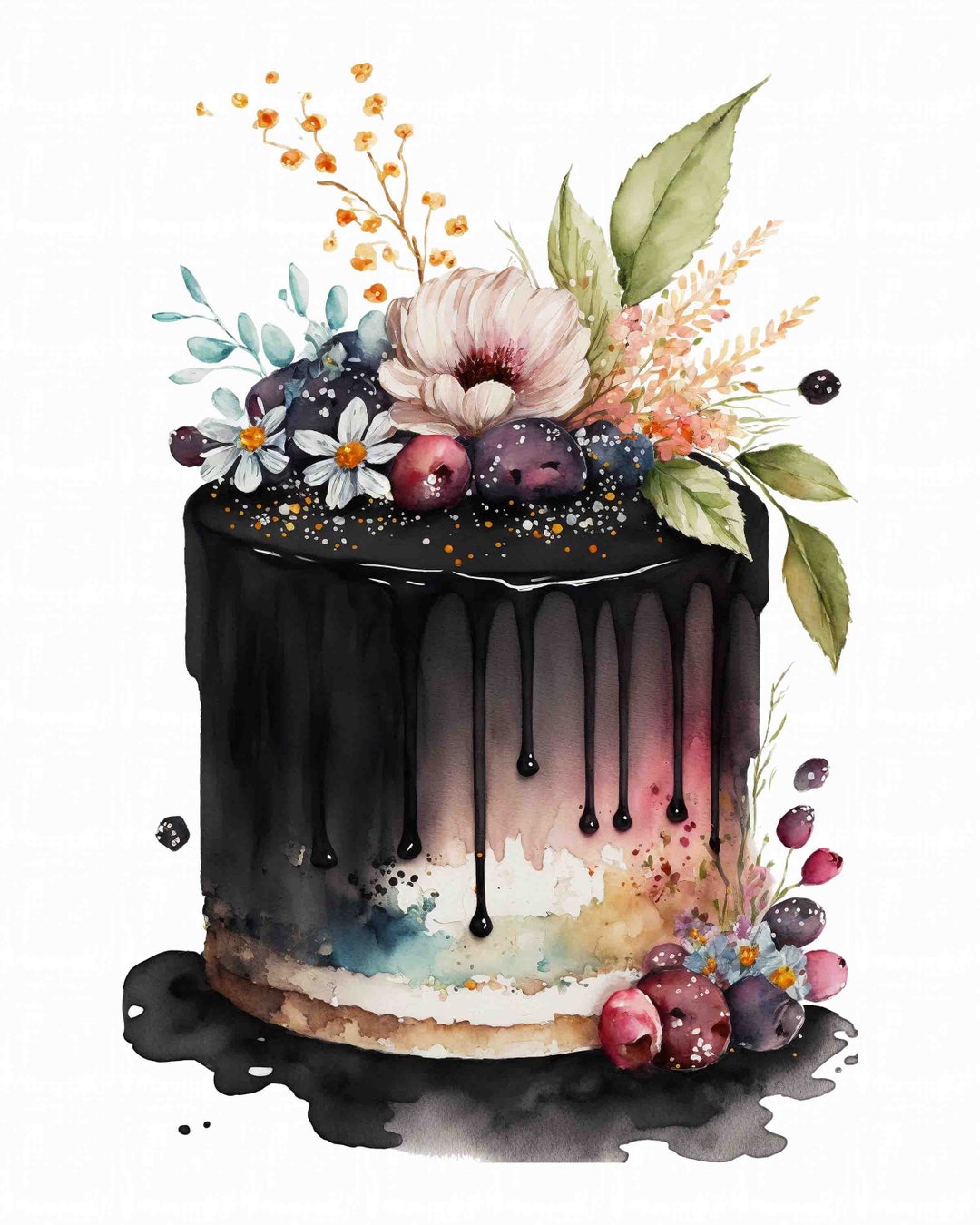 Watercolor Dark Chocolate Floral Cake Digital Art Print / Instant ...