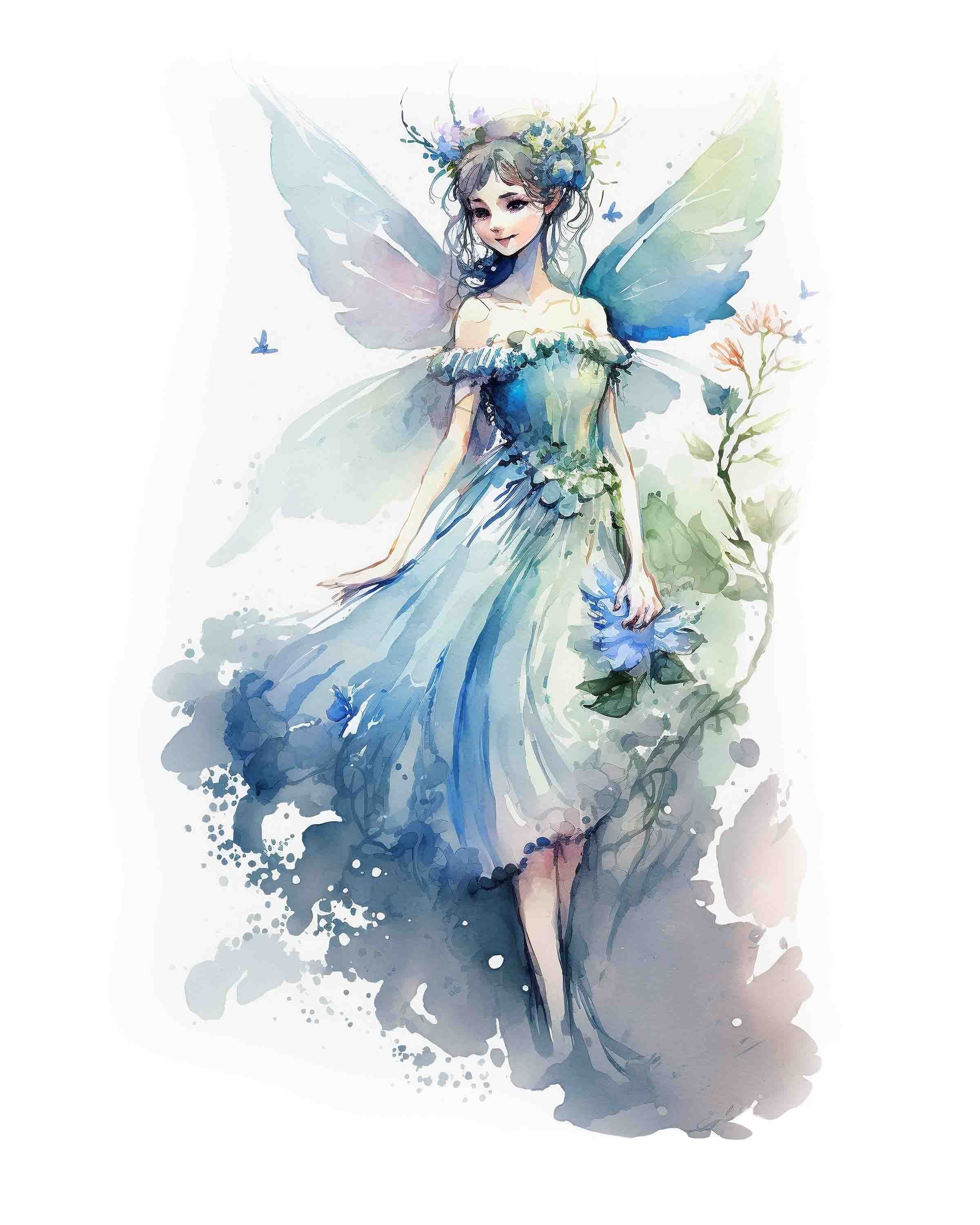Watercolor Blue Flower Fairy Digital Art Print / Instant Download ...