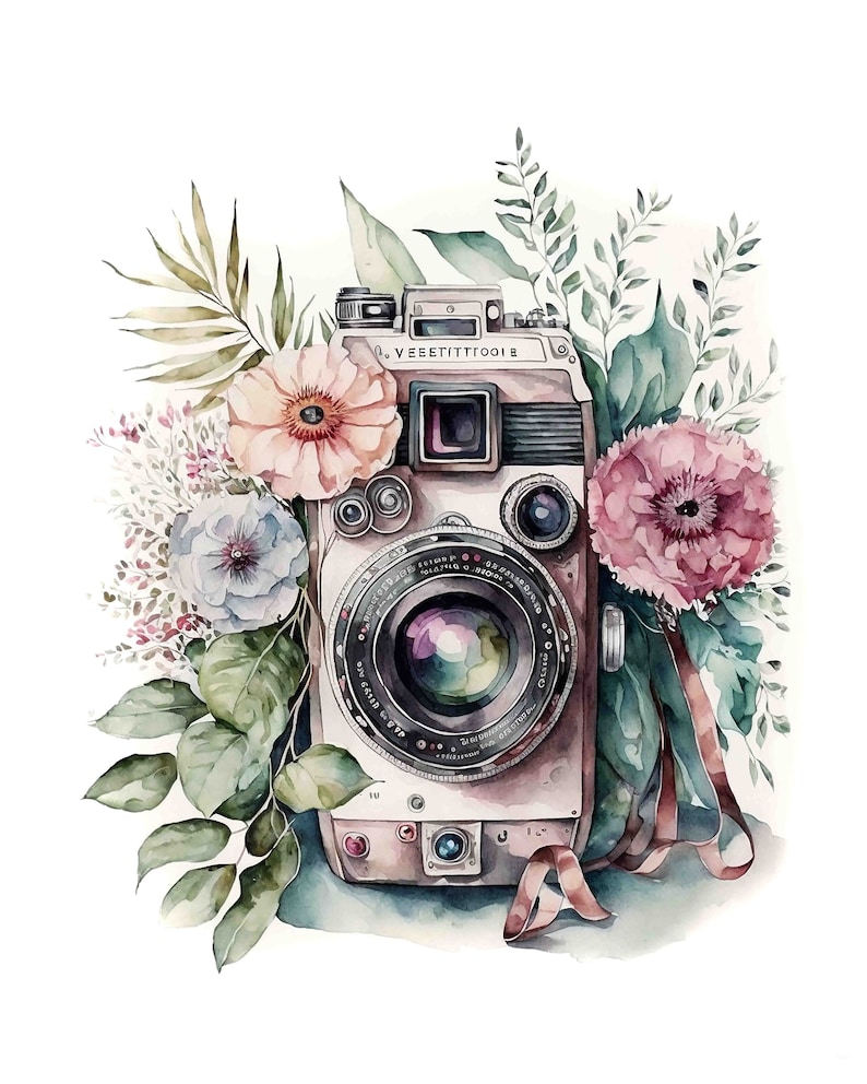 Watercolor Floral Camera Digital Art Print / Instant Download Printable ...