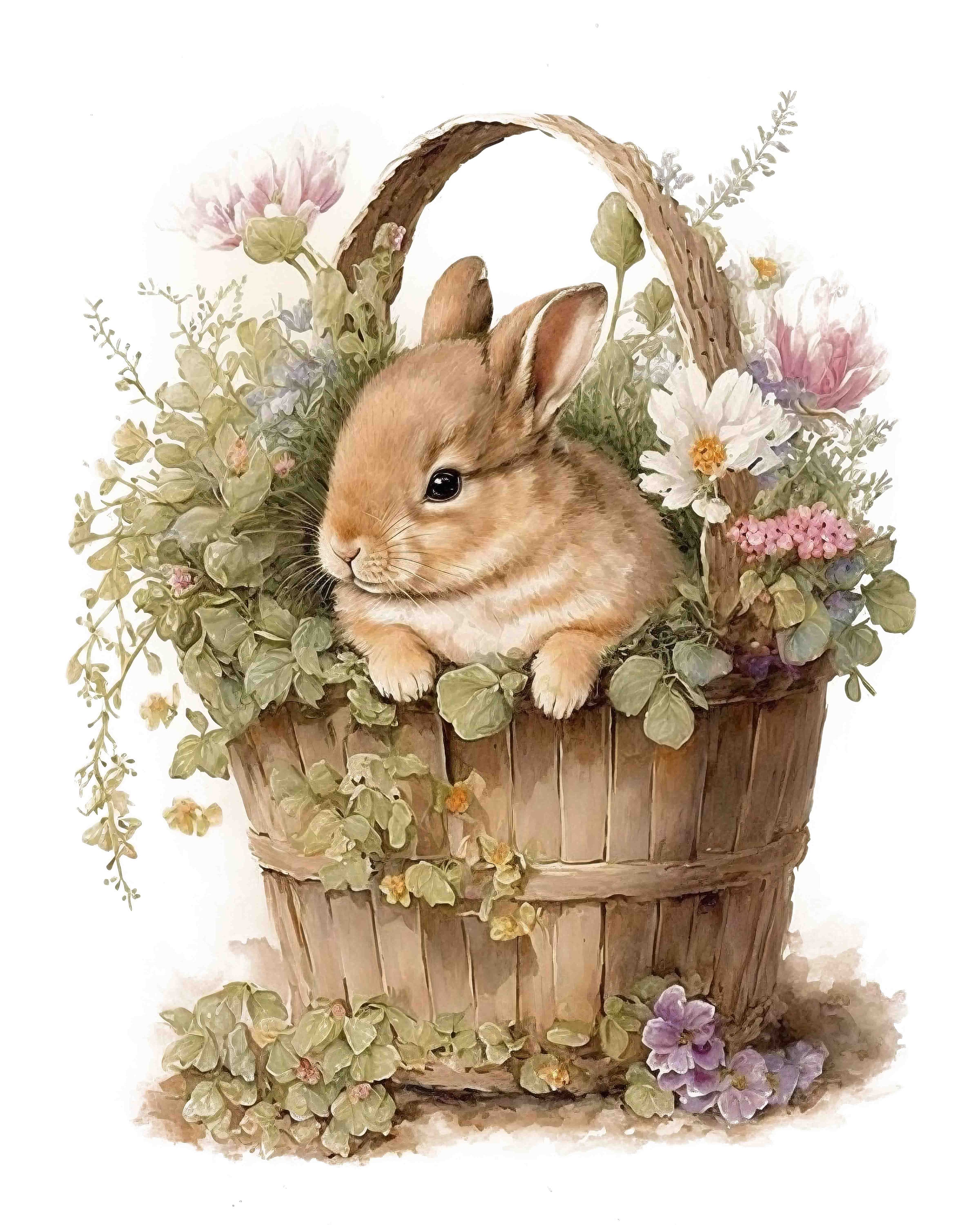 Watercolor Adorable Baby Bunny in Basket, Spring Wall Art, Digital Art ...