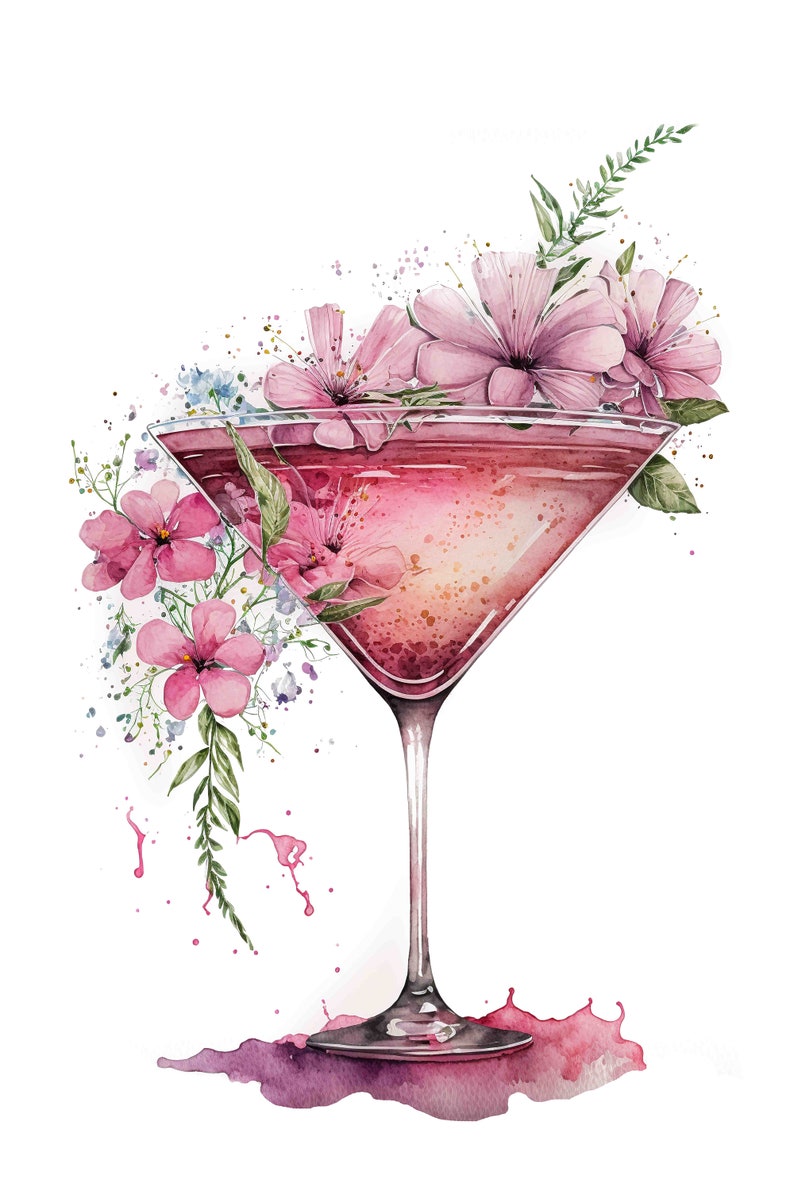 Watercolor Pink Floral Martini Cocktail Digital Art Print / Instant ...