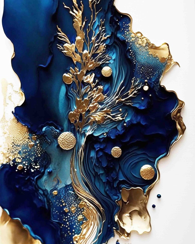 Alcohol Ink Navy Blue and Gold Painting Digital Art Print / Instant ...