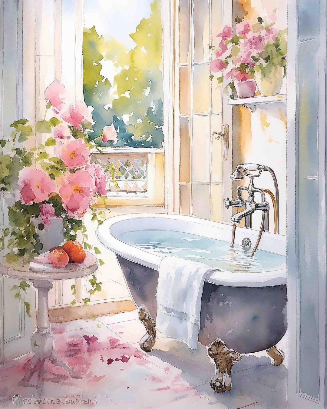 Watercolor Beautiful Bathtub Vignette, Digital Art Print / Instant ...