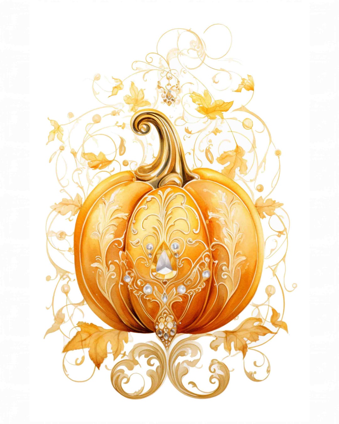 Watercolor Fall Gold Filigree Pumpkin Arrangement, Autumn Digital Art ...