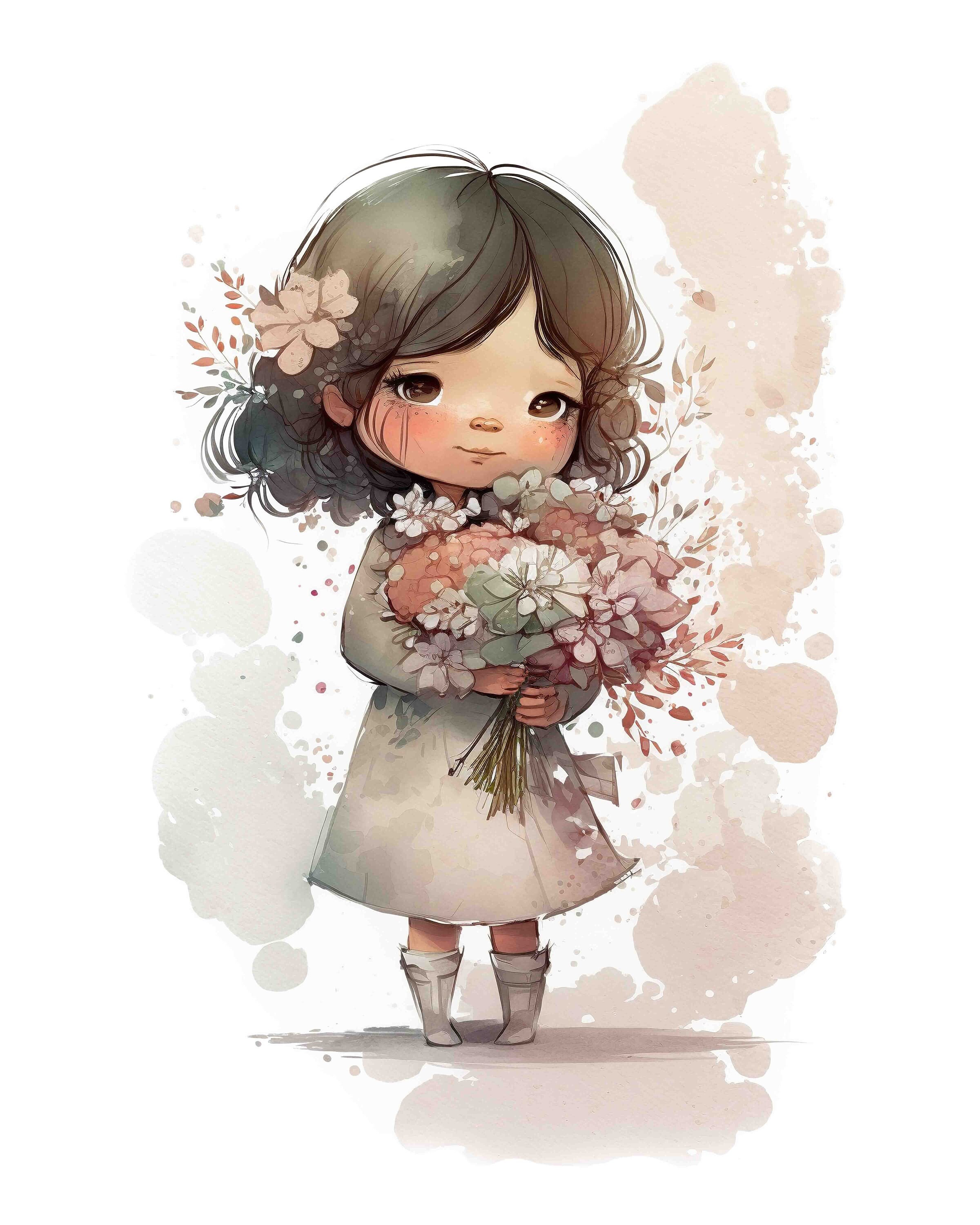 Watercolor Little Girl Holding Flowers Digital Art Print / Instant ...