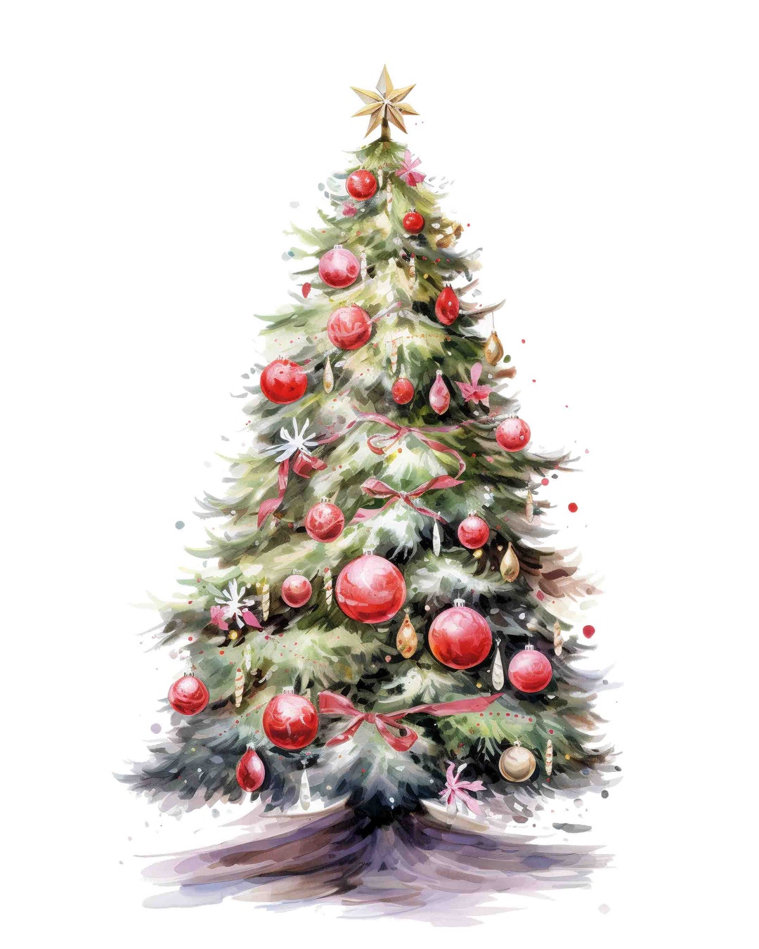 Watercolor Christmas Tree Digital Art Print, Red and Green Holiday ...