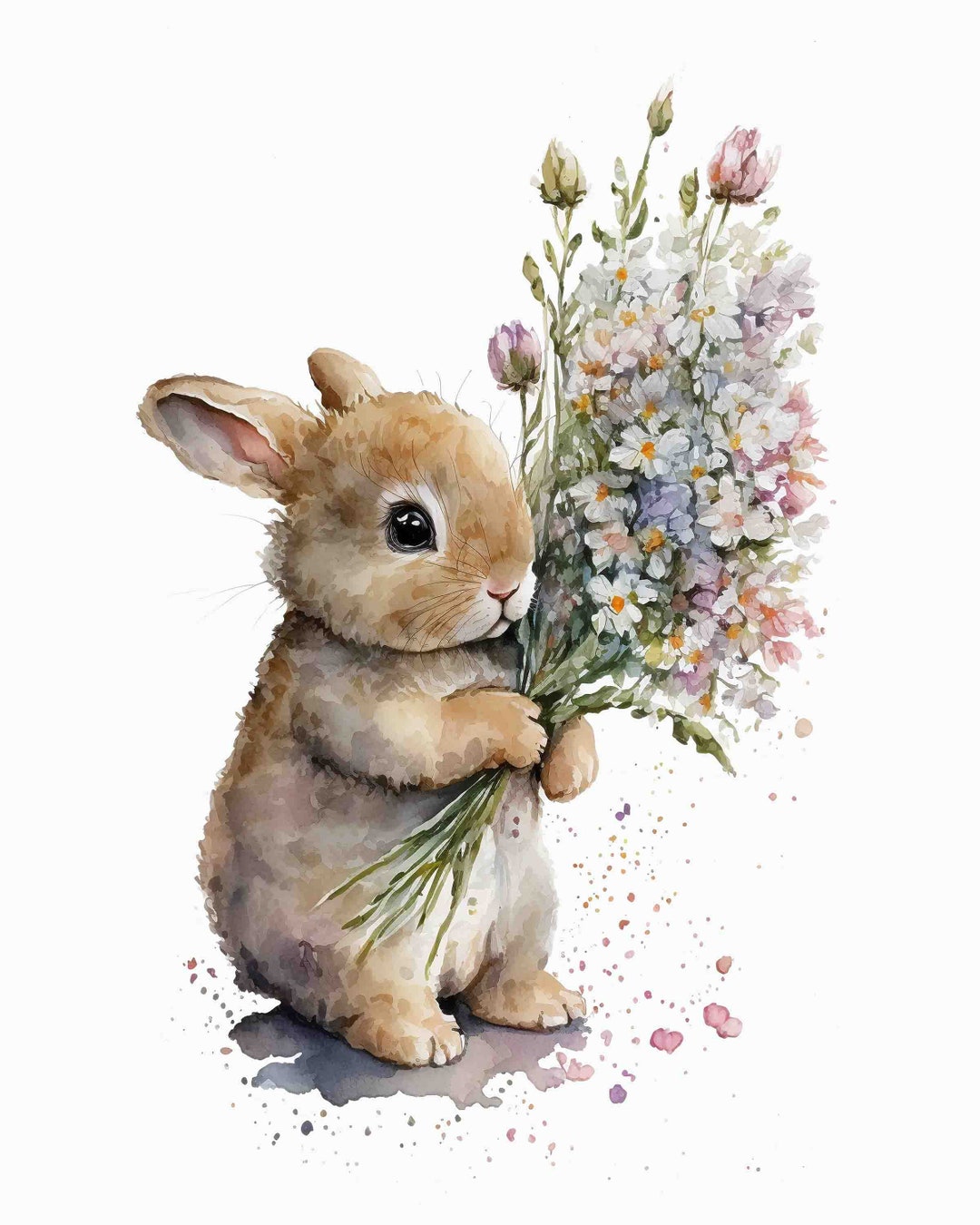 Watercolor Bunny With Flowers Art, Wall Art, Digital Art Print ...