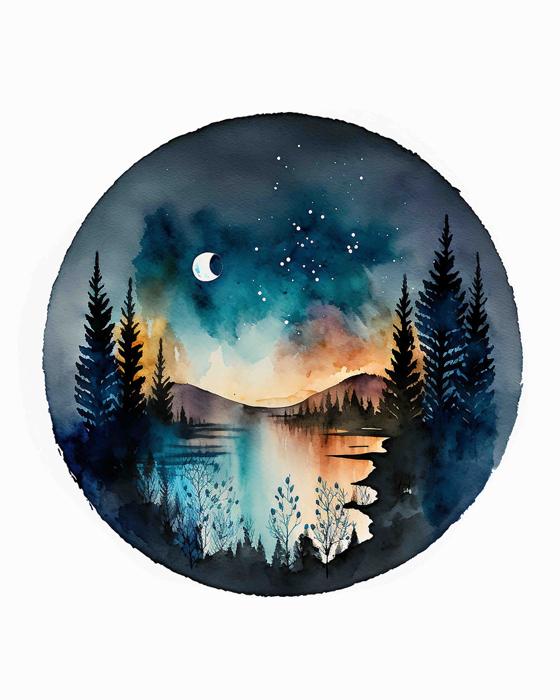 Watercolor Forest Night Moon Landscape, Digital Art Print / Instant ...