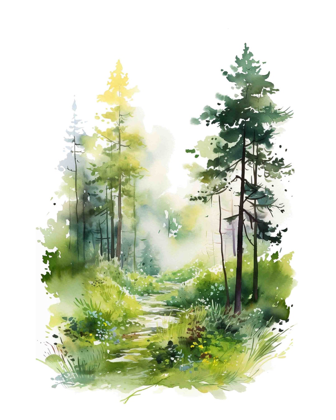 Watercolor Spring Forest Vignette, Fall Nature Digital Art Print ...