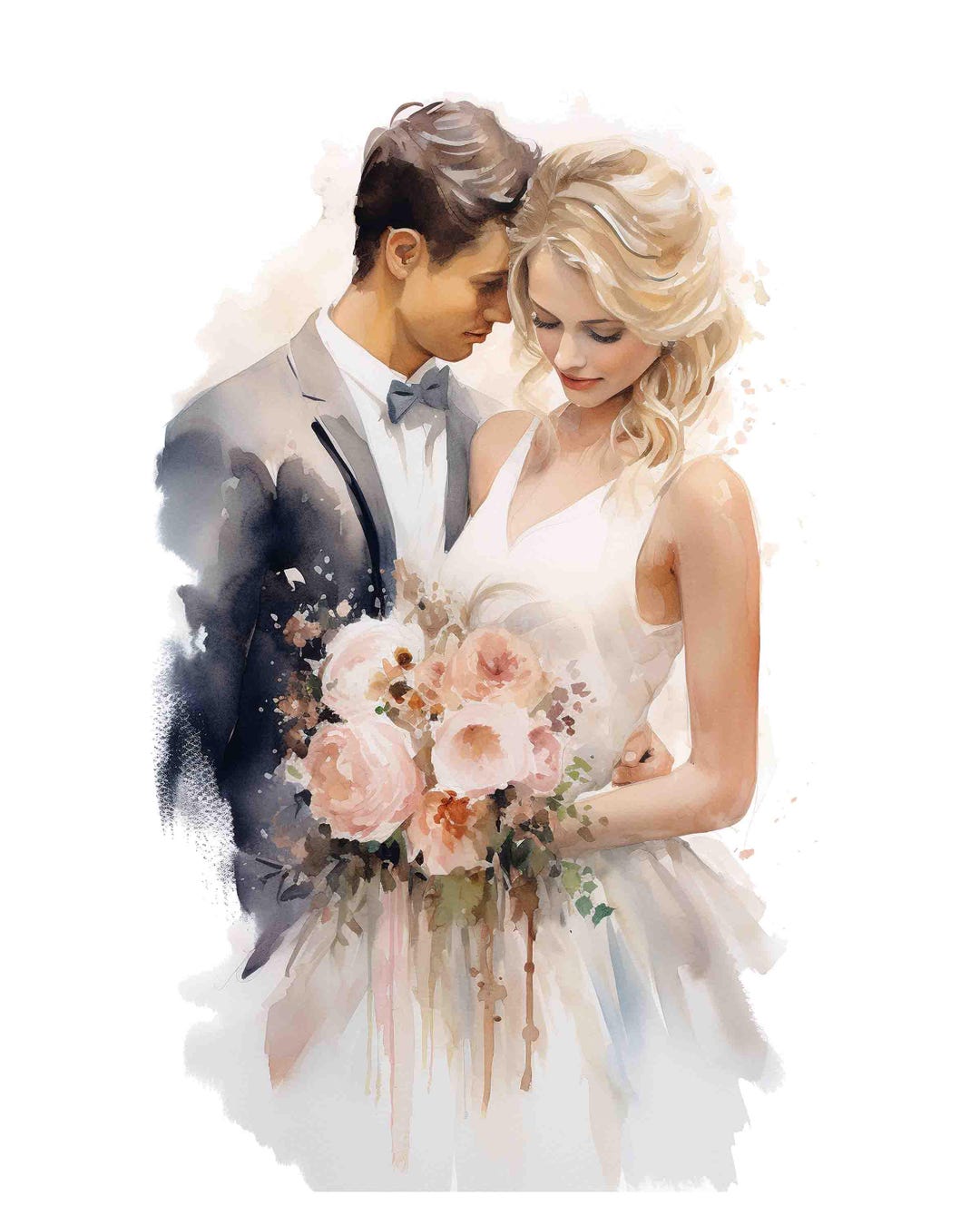 Watercolor Bride and Groom Portrait, Wedding Digital Art Print ...