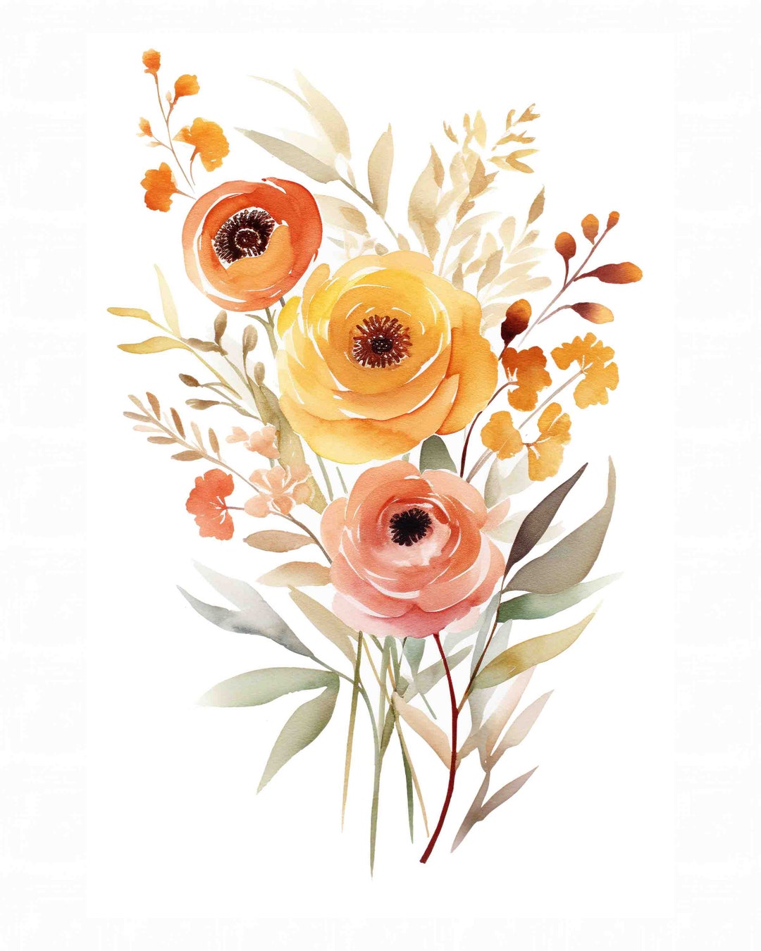Watercolor Modern Autumn Floral Art, Modern Fall Flower Digital Art ...
