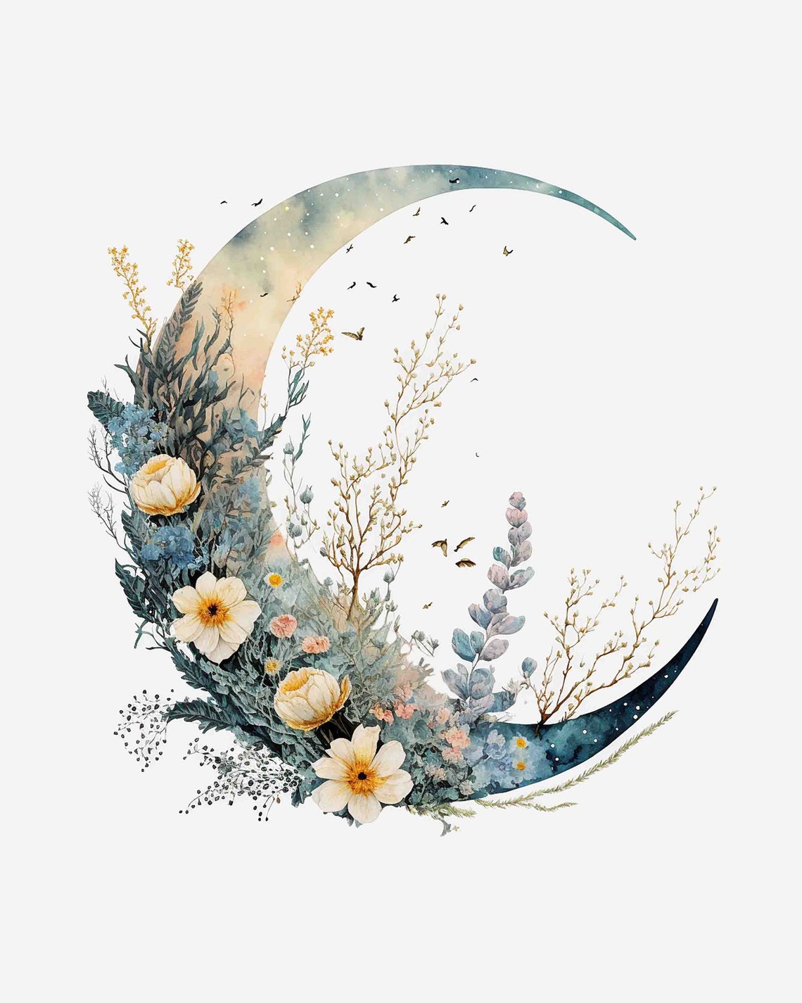 Watercolor Floral Moon Digital Art Print / Instant Download Printable ...