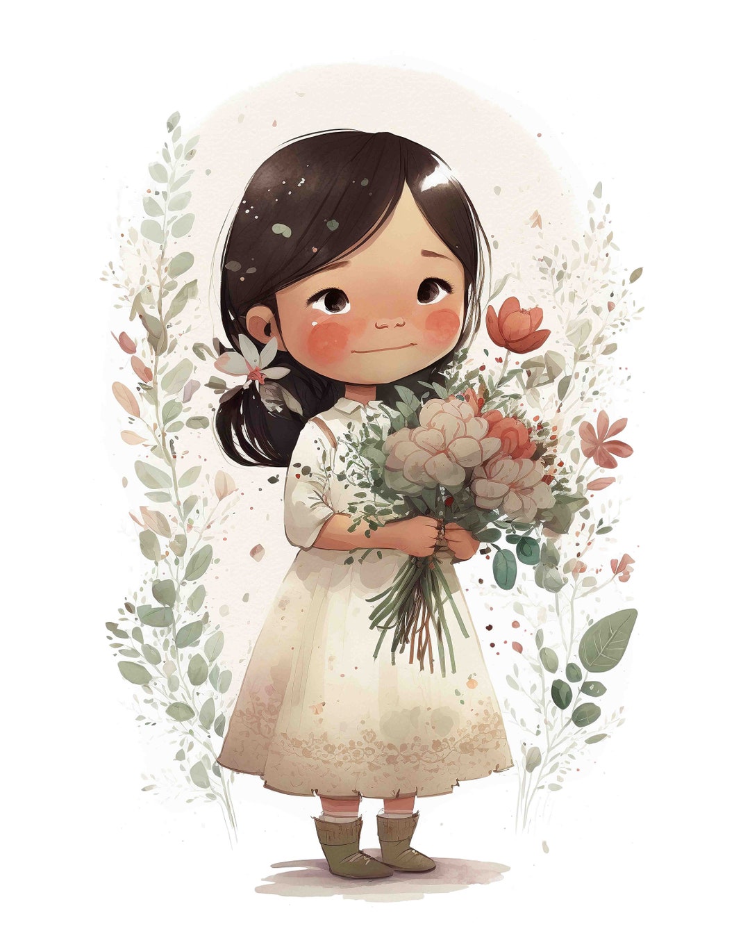 Watercolor Little Girl Holding Flowers Digital Art Print / Instant ...