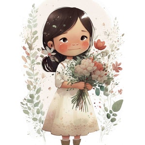 Watercolor Little Girl Holding Flowers Digital Art Print / Instant ...