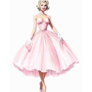 1950s Vintage Style Pink Fashion Sketch Digital Art Print / Instant ...