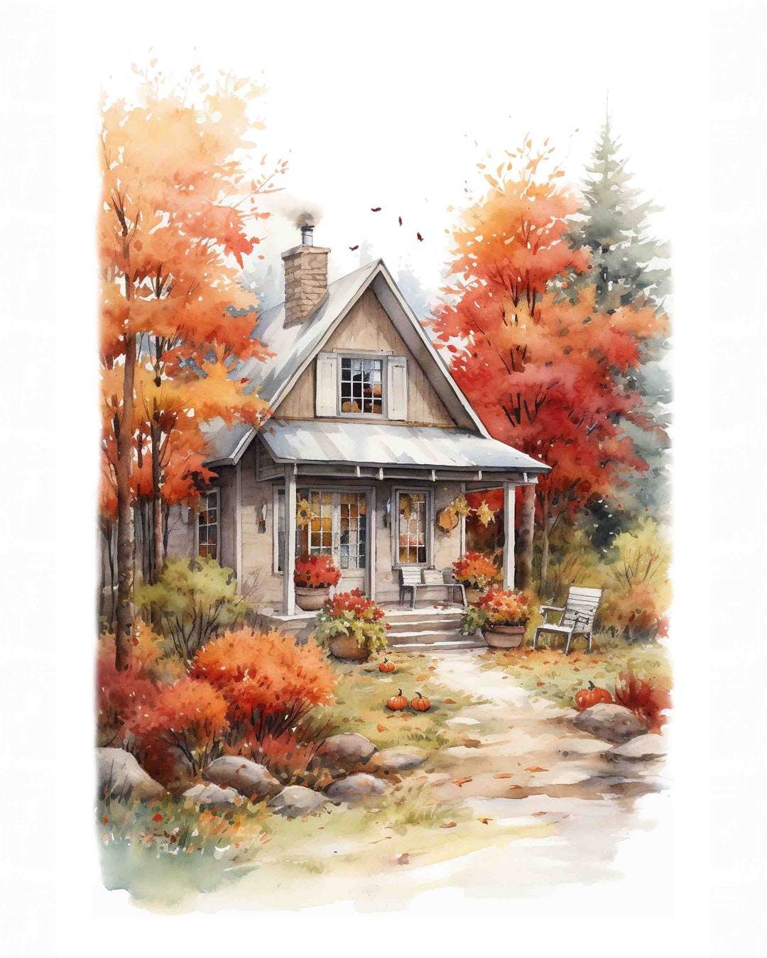 Watercolor Autumn Farm House Vignette, Fall Nature Digital Art Print ...