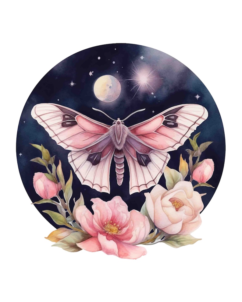 Watercolor Moth and Flowers Night Moon Landscape, Digital Art Print ...