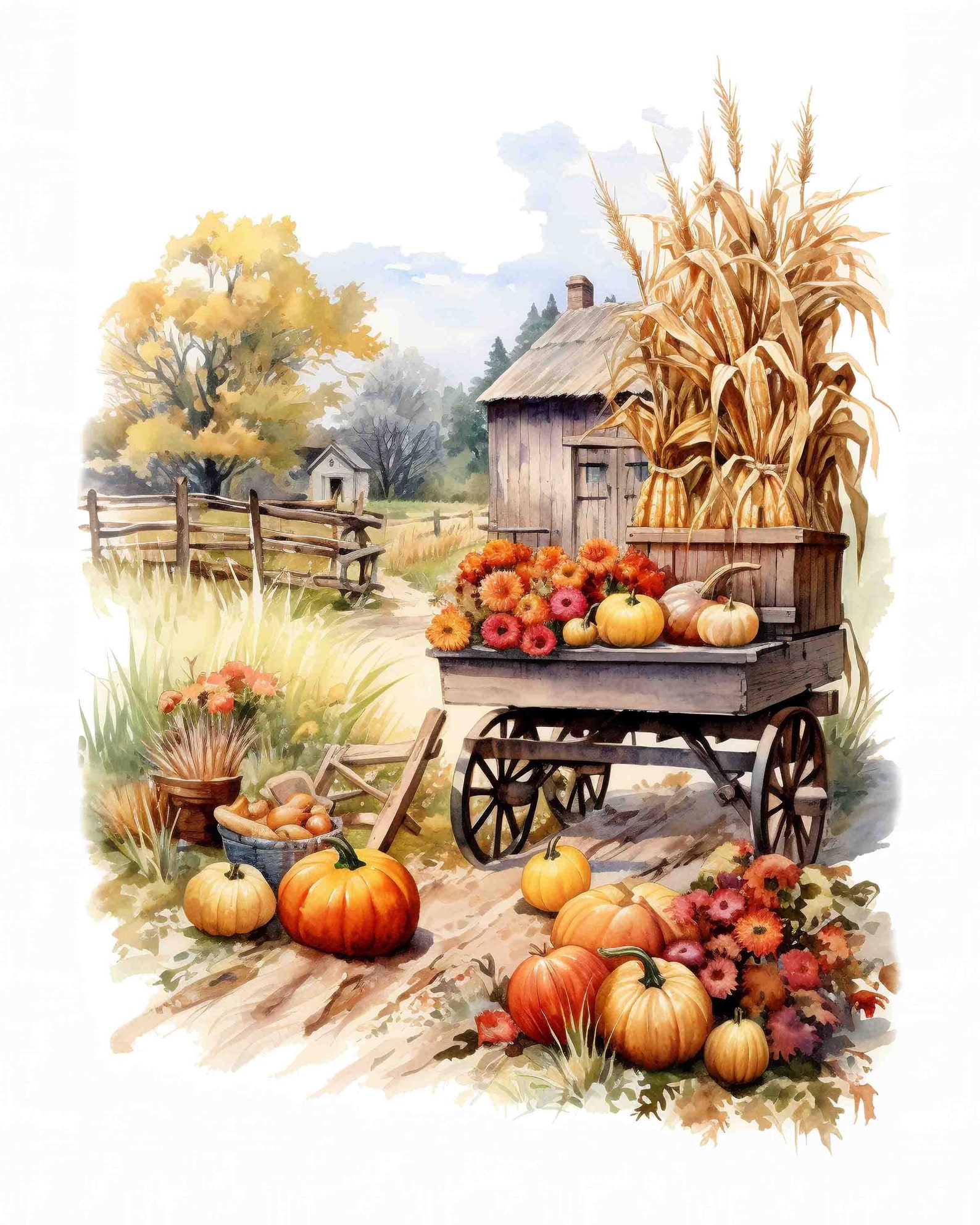 Watercolor Autumn Farm House Vignette Fall Nature Digital Art - Etsy