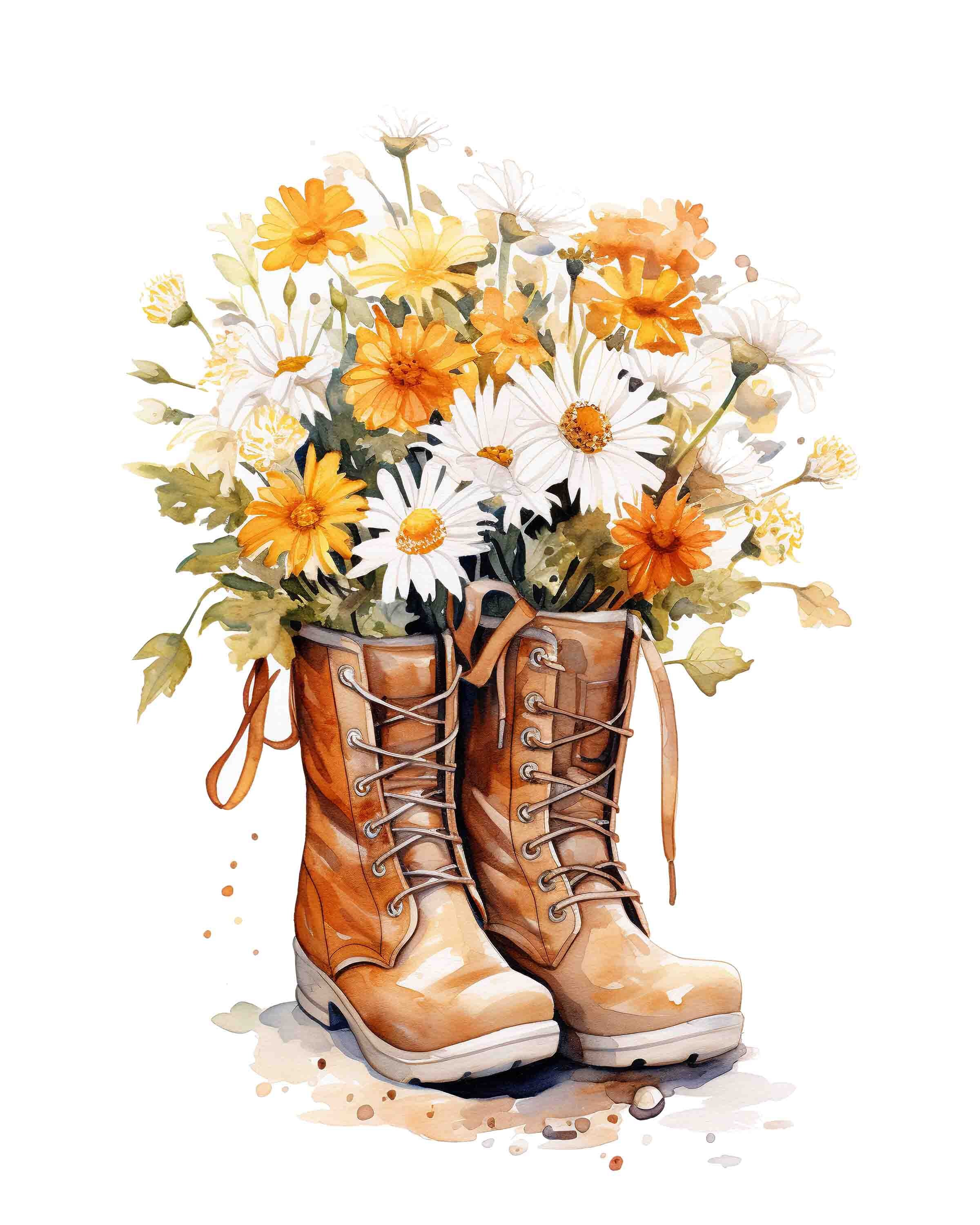 Watercolor Floral Boots Fall Digital Art Print / Instant - Etsy